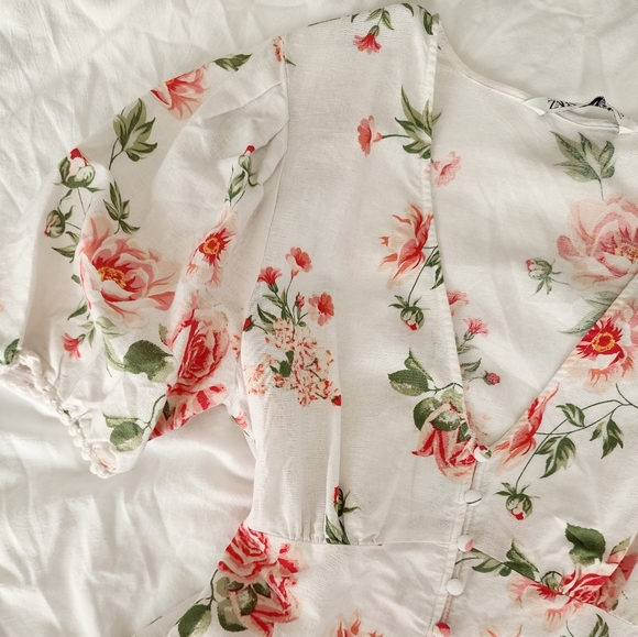 Zara | Dresses | Zara Floral Rose Print Linen Cotton Romance Mini Dress ...
